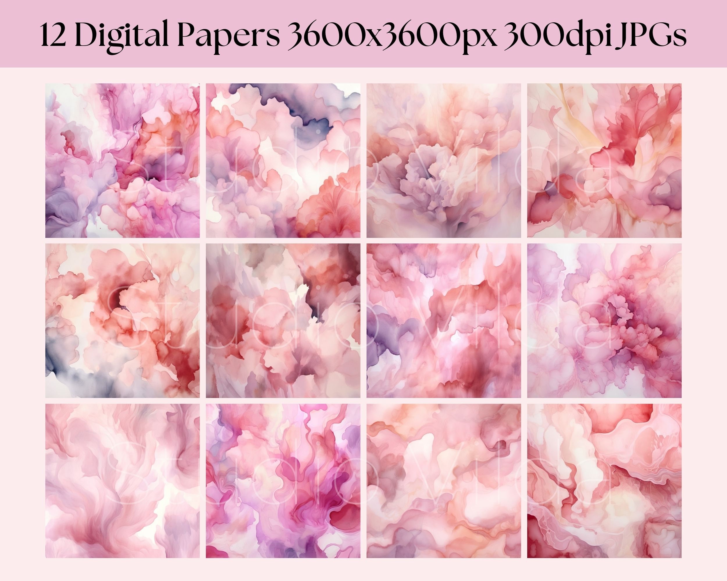 Pink Watercolor Digital Paper, 12x JPG Patterns Splashes Clipart ...