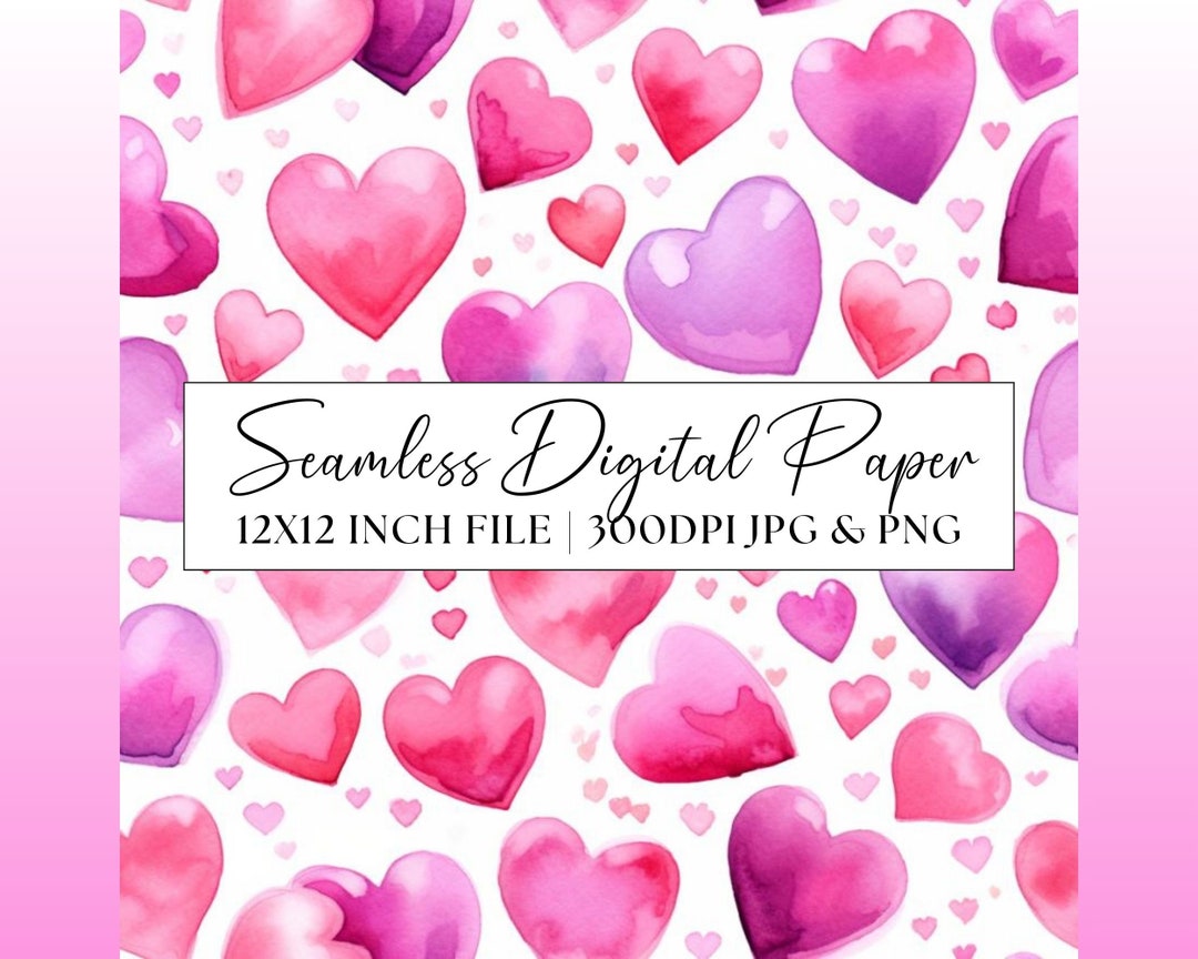 Pink Hearts Digital Paper, Pastel Watercolour Seamless Pattern, Wedding ...