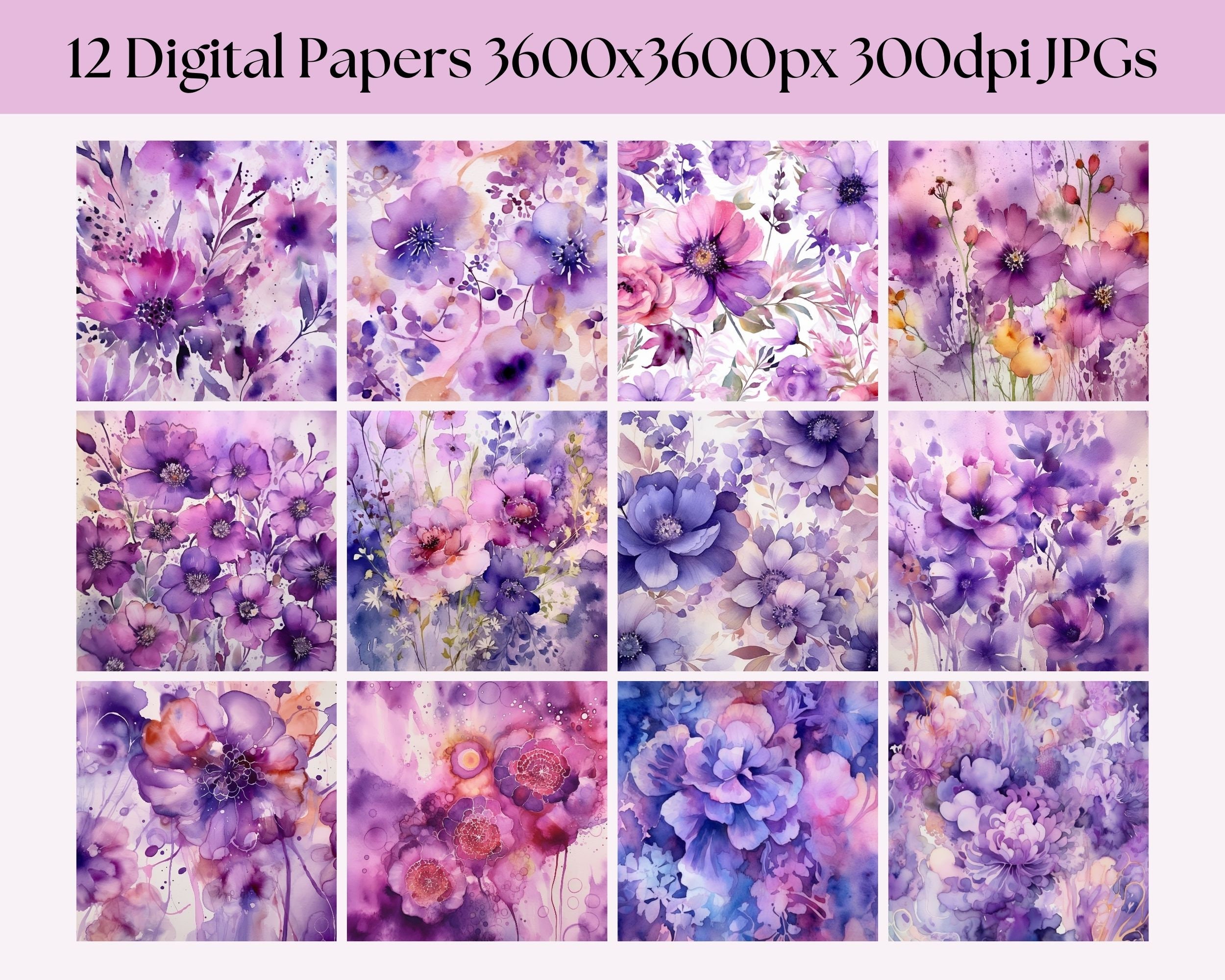Watercolour Digital Paper Purple Floral 12x JPG Pastel - Etsy