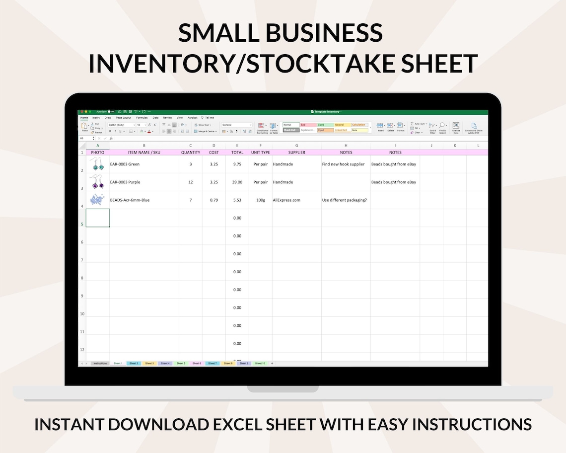 Excel Inventory Template Easy Instant Digital Download Sheet for Small ...