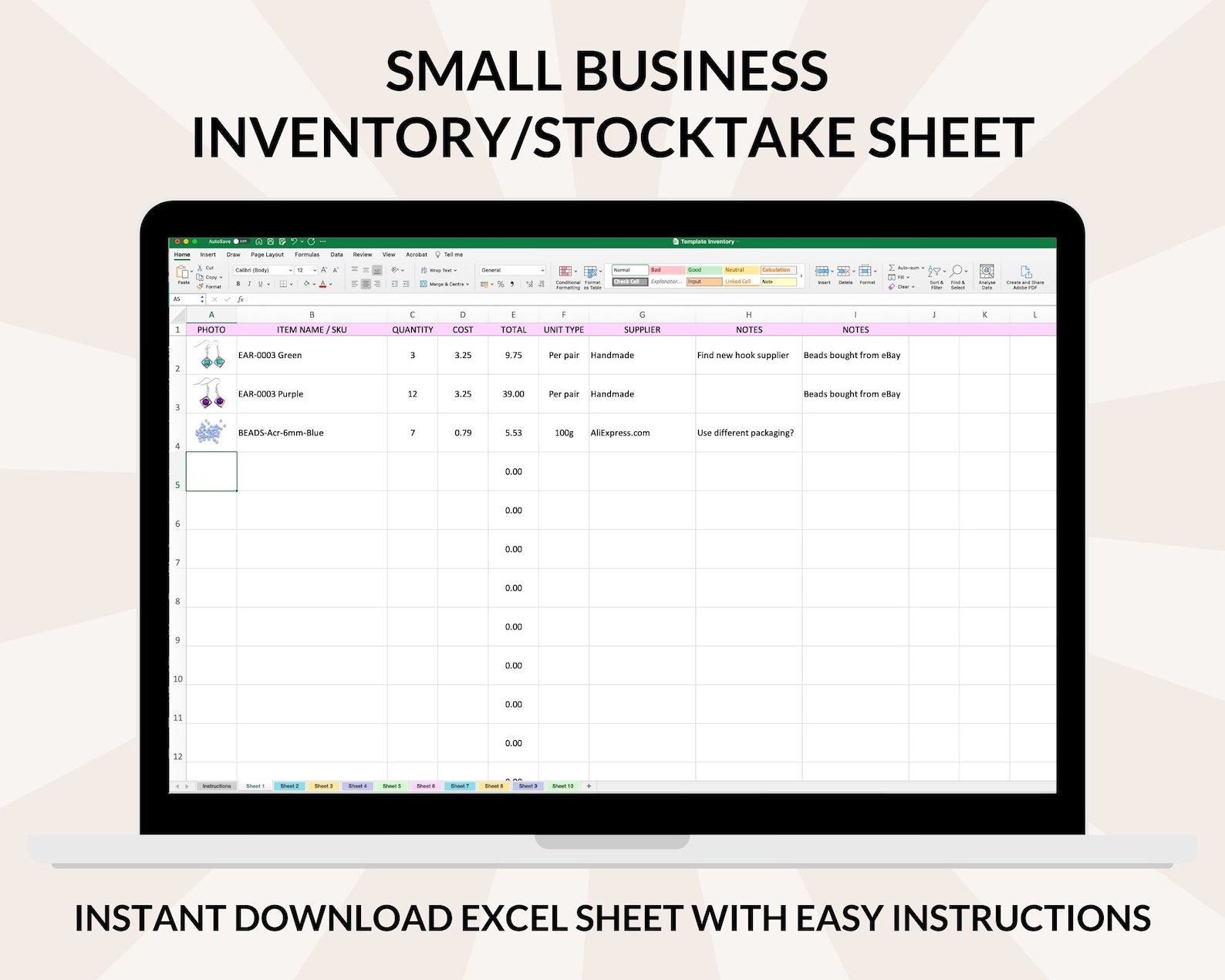 Excel Inventory Template Easy Instant Digital Download Sheet for Small ...