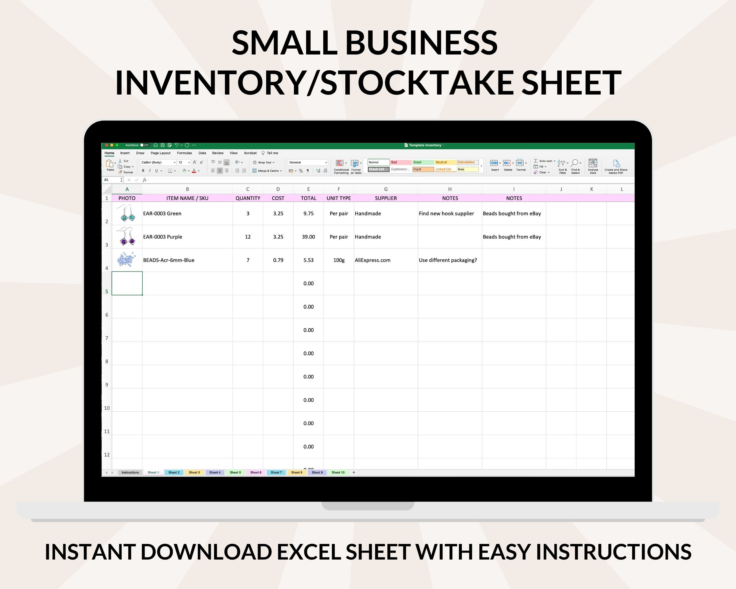 Excel Inventory Template Easy Instant Digital Download Sheet for Small ...