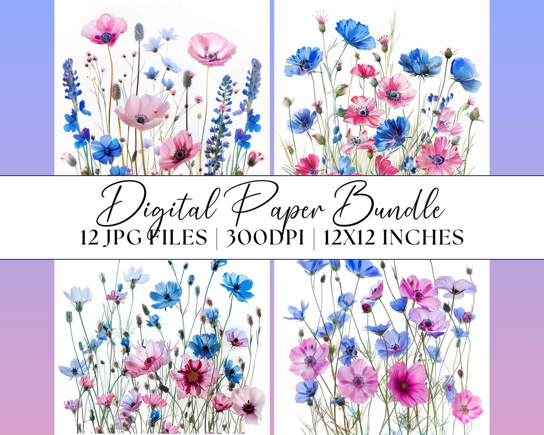 Pink and Blue Flower Digital Paper Bundle, 12x JPG Floral Patterns ...