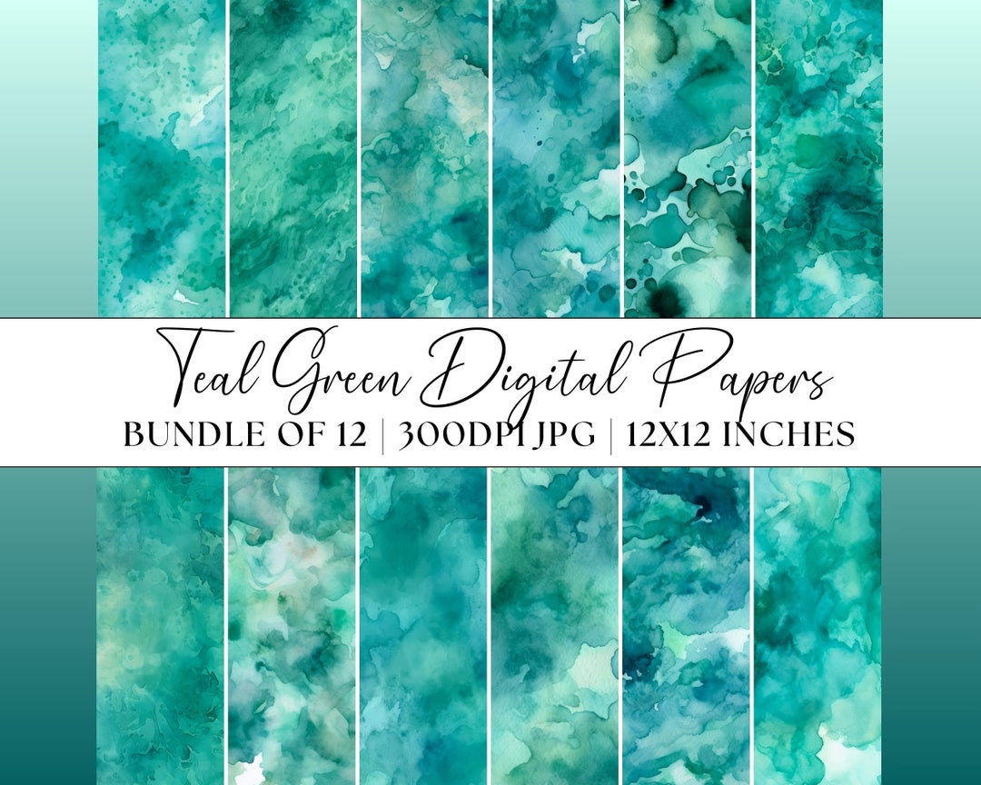 Teal Green Digital Paper Bundle, 12x JPG Watercolour Washes Patterns ...
