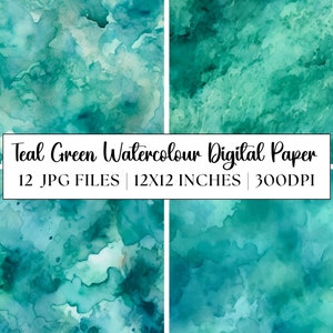 Teal Green Digital Paper Bundle, 12x JPG Watercolour Washes Patterns ...