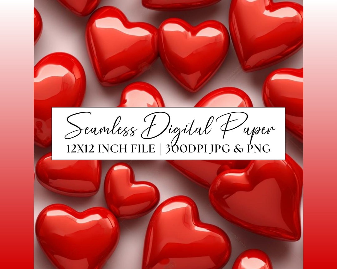 Red Hearts Digital Paper, Shiny 3D Valentine's Seamless Pattern Wedding ...