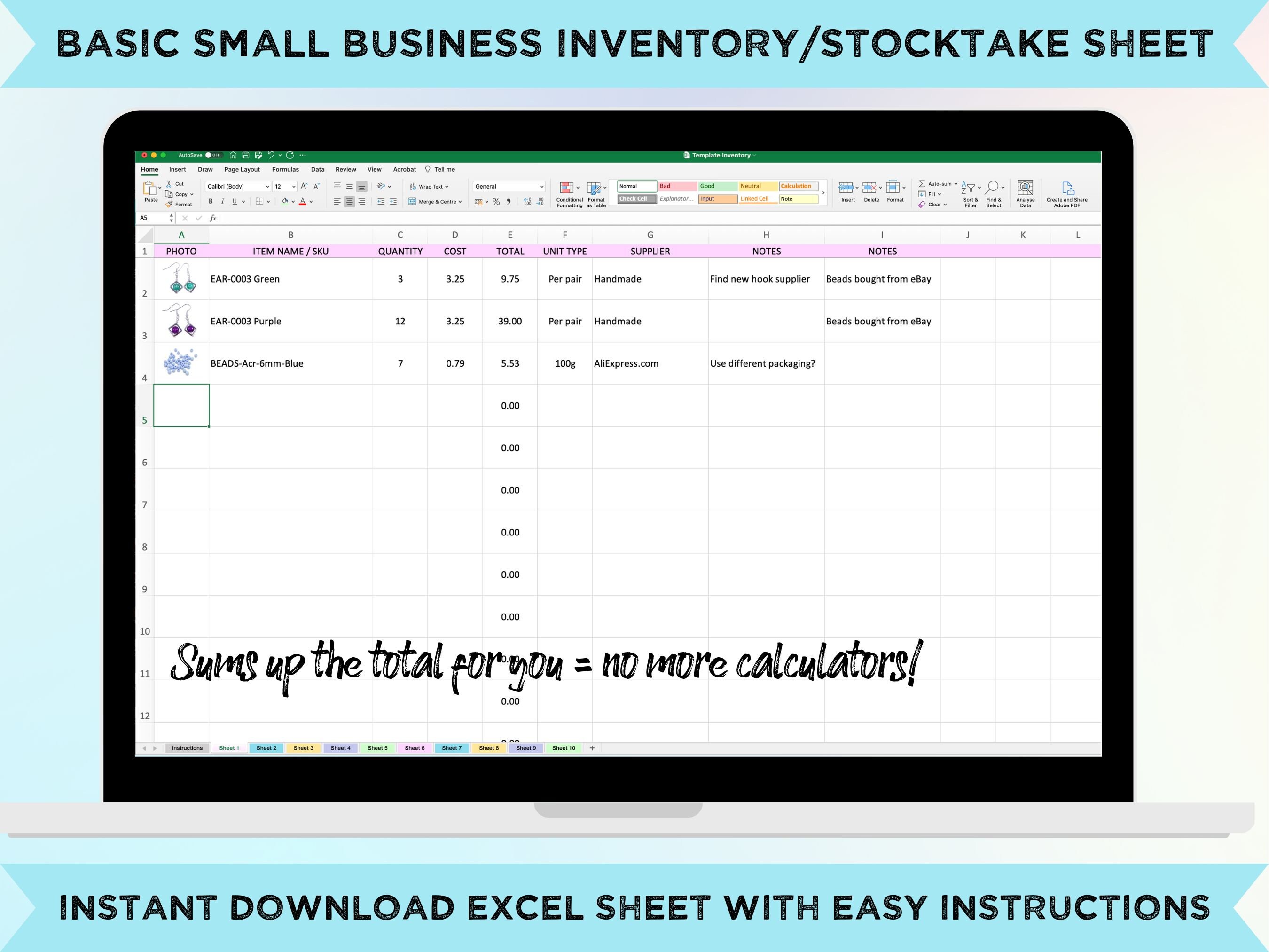 Excel Inventory Template Easy Instant Digital Download Sheet - Etsy