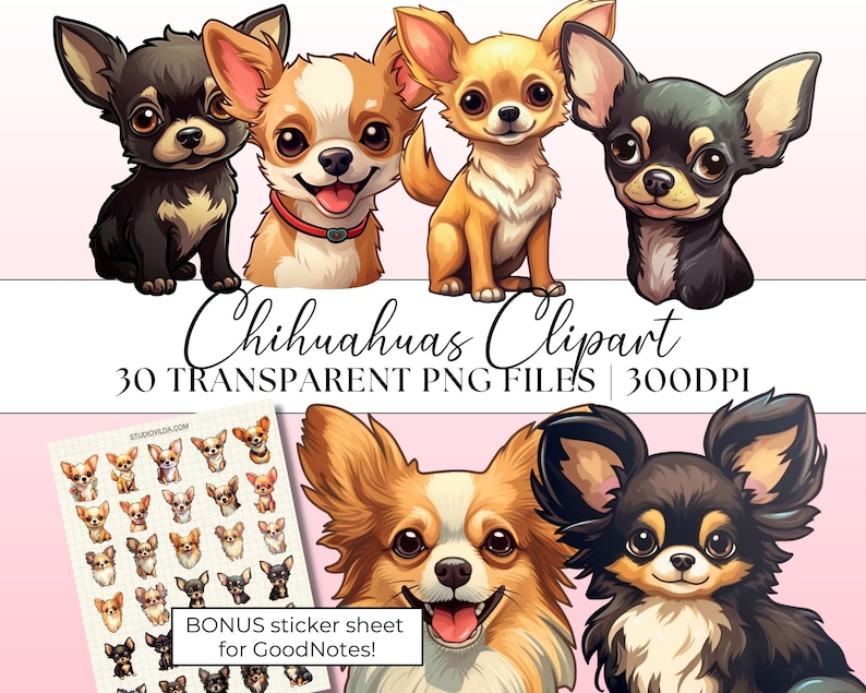 Chihuahua Clipart, Goodnotes Sticker Sheet, 30 Transparent Cartoon PNG ...