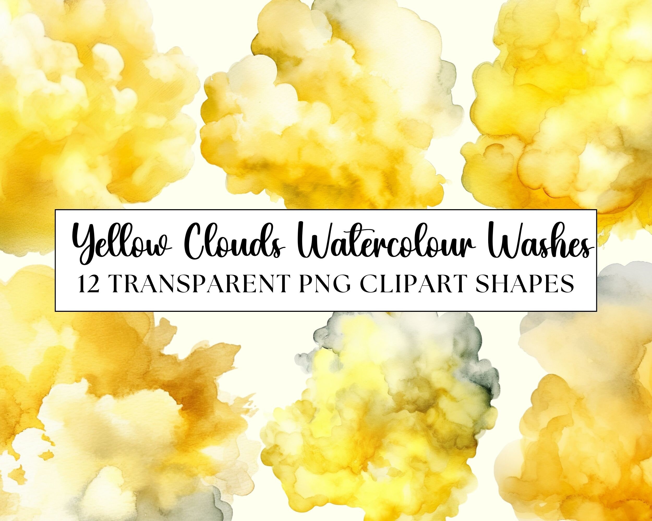 Yellow Cloud Watercolour Splashes, 12 PNG Clipart Washes Shapes Instant ...