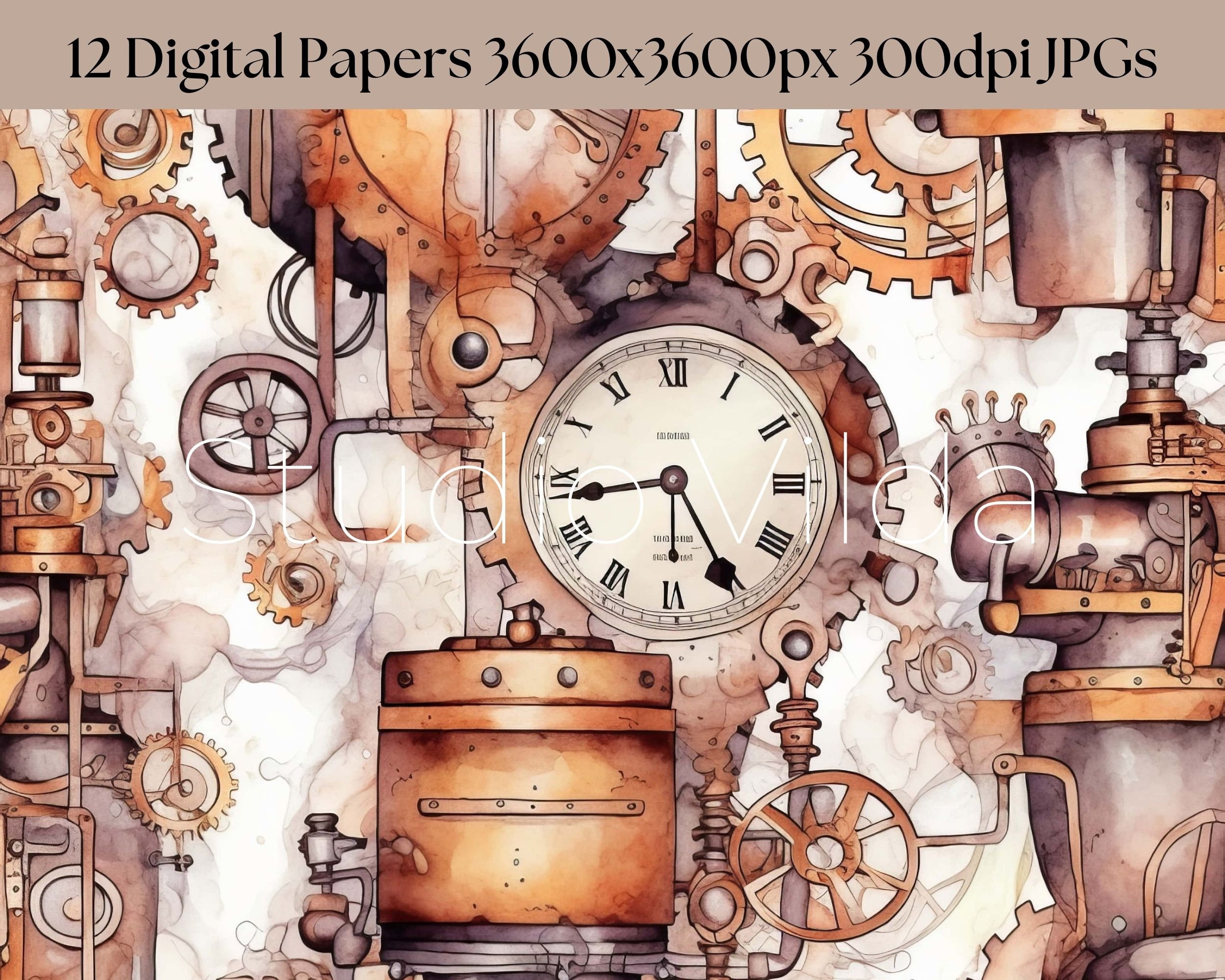 Steampunk Digital Paper, Cogs Gears and Clocks Patterns, 12x JPG ...