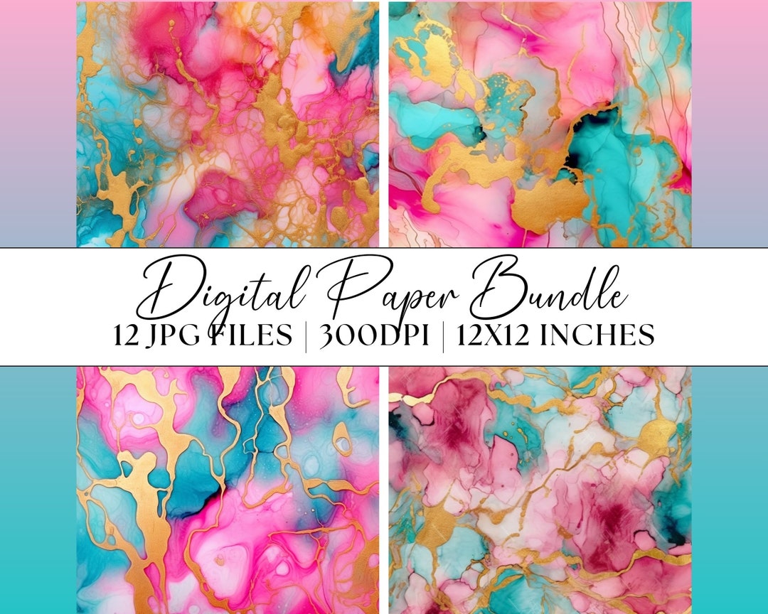 Pink and Turquoise Digital Paper, 12x JPG Pastel and Gold Swirls ...