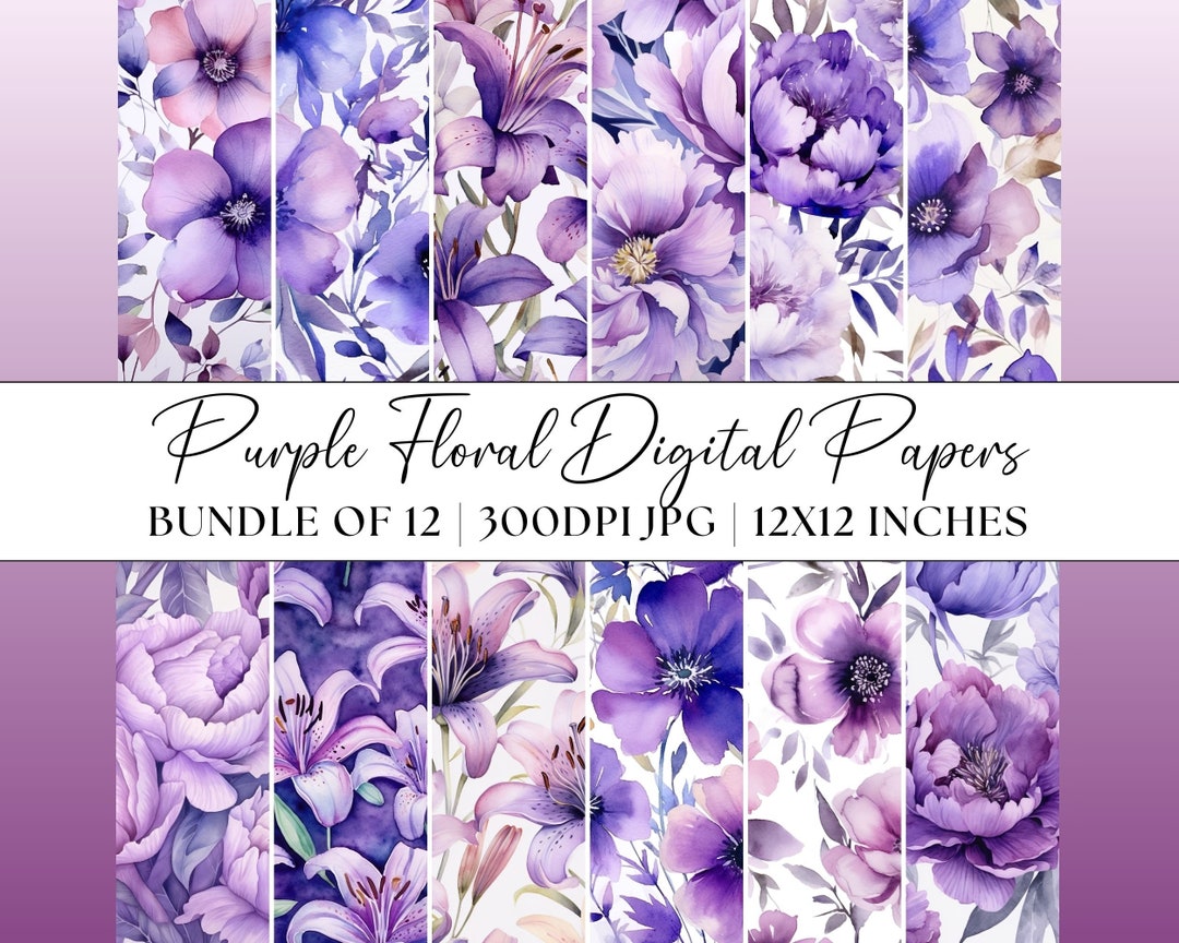 Purple Floral Digital Paper, 12x JPG Patterns, Watercolour Clipart ...