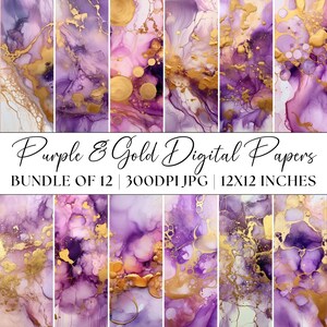 Purple and Gold Digital Paper, Alcohol Ink 12x JPG Marbled Washes ...