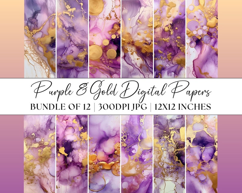 Purple and Gold Digital Paper, Alcohol Ink 12x JPG Marbled Washes ...