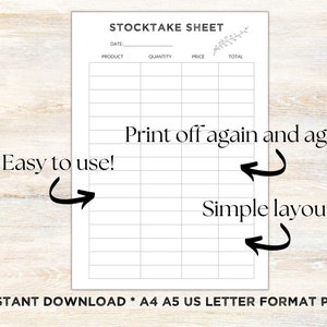 Printable Stocktake Sheet Basic Inventory Log Digital Download A4 A5 US ...