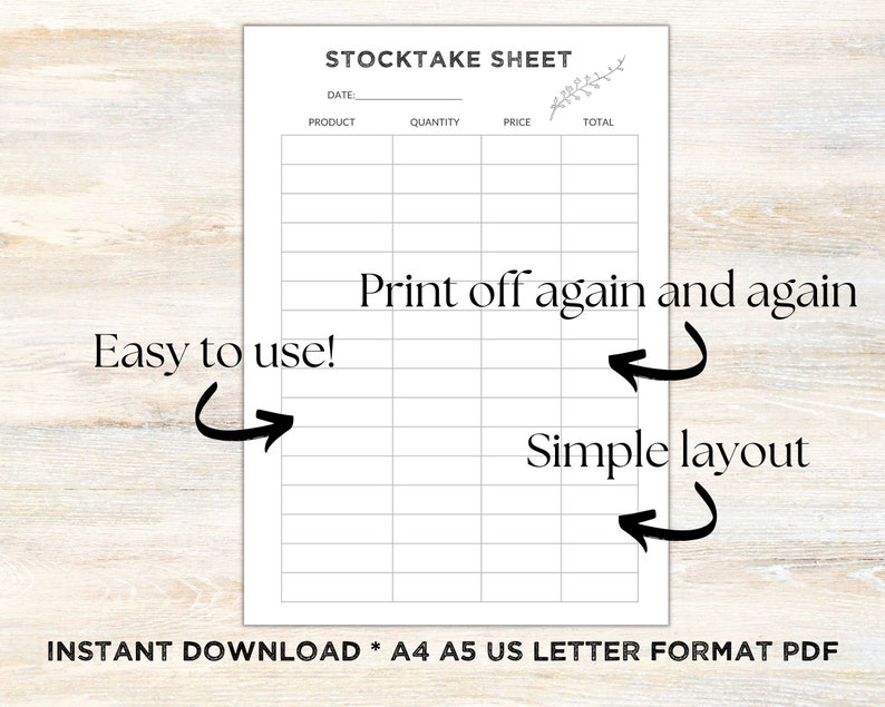 Printable Stocktake Sheet Basic Inventory Log Digital Download A4 A5 US ...