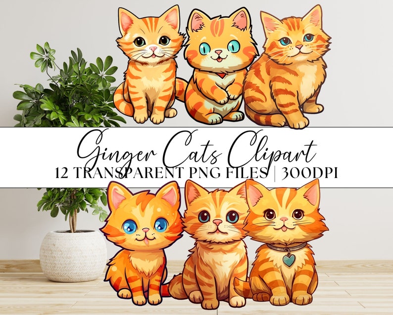 Ginger Cats Clipart, Cartoon Style Kittens Transparent 12x PNG Shapes ...