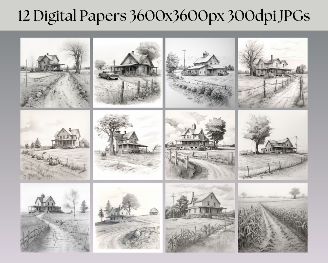 Farmhouse Digital Paper, 12x JPG Drawings Clipart Black and White ...