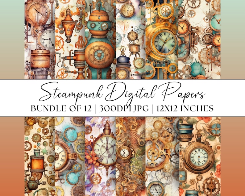 Steampunk Digital Paper, Cogs Gears and Clocks Patterns, 12x JPG ...