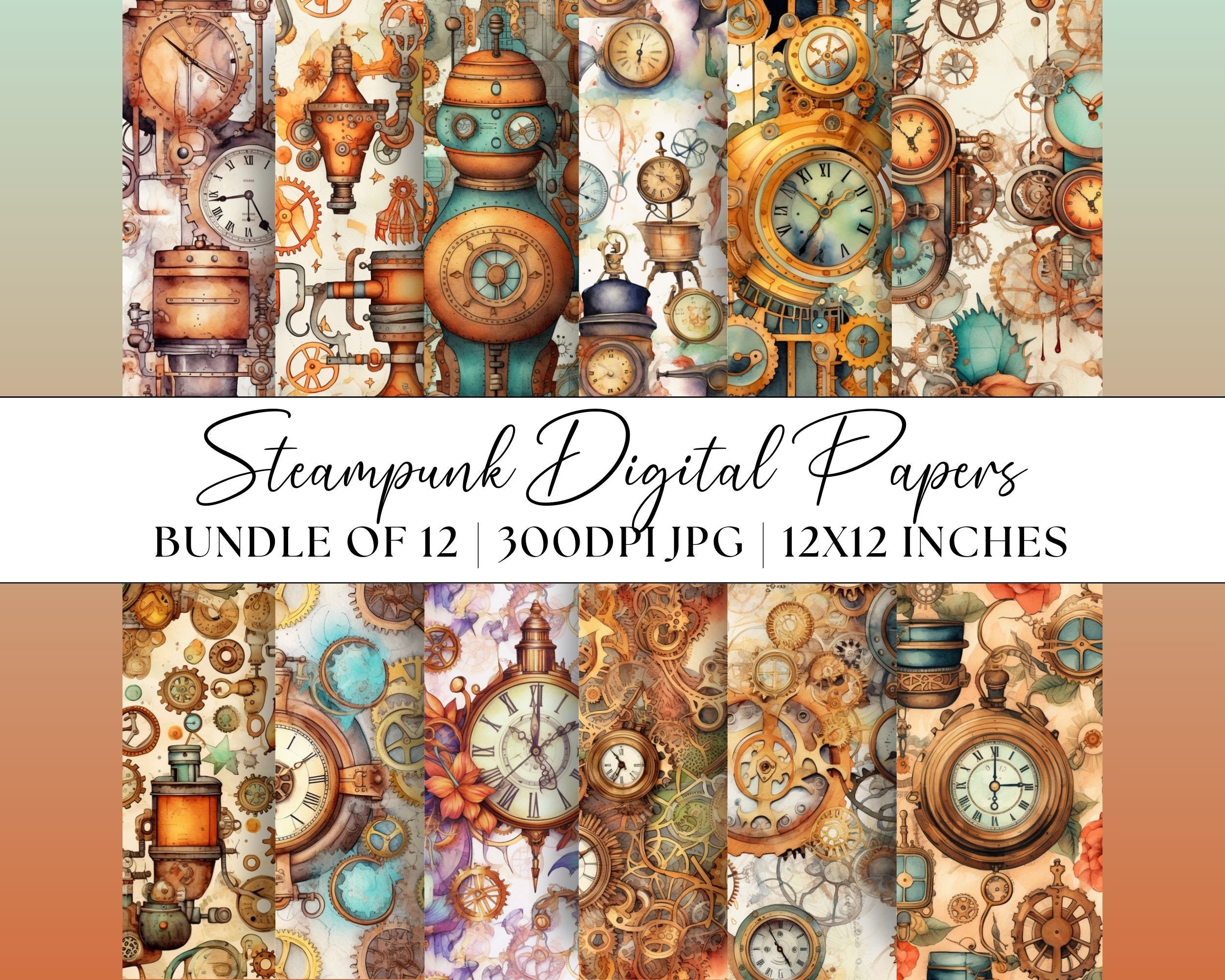 Steampunk Digital Paper, Cogs Gears and Clocks Patterns, 12x JPG ...