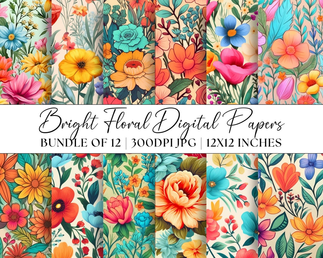 Bright Florals Digital Paper 12x JPG Cottagecore Flower - Etsy