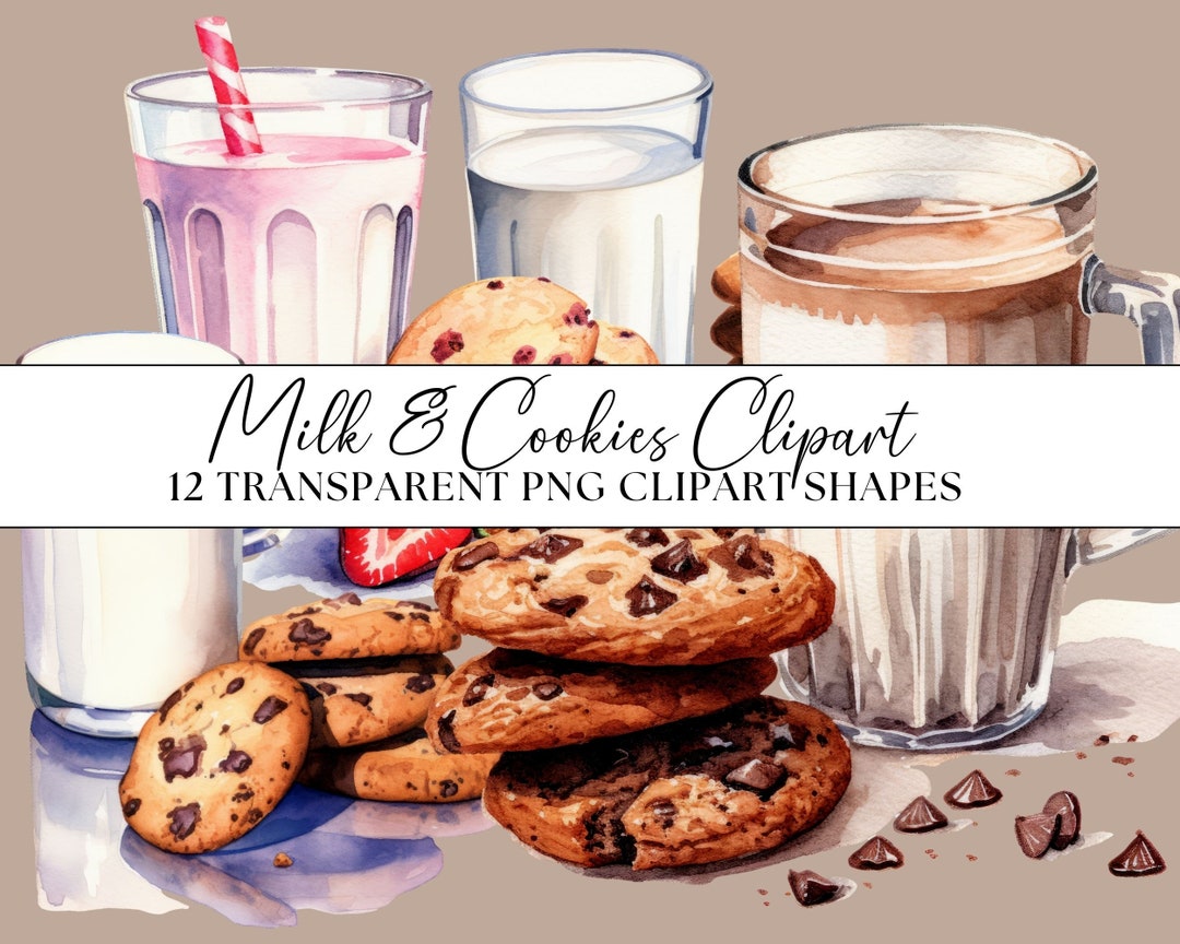 Milk and Cookies Clipart, Watercolour Style 12x Transparent PNG Shapes ...