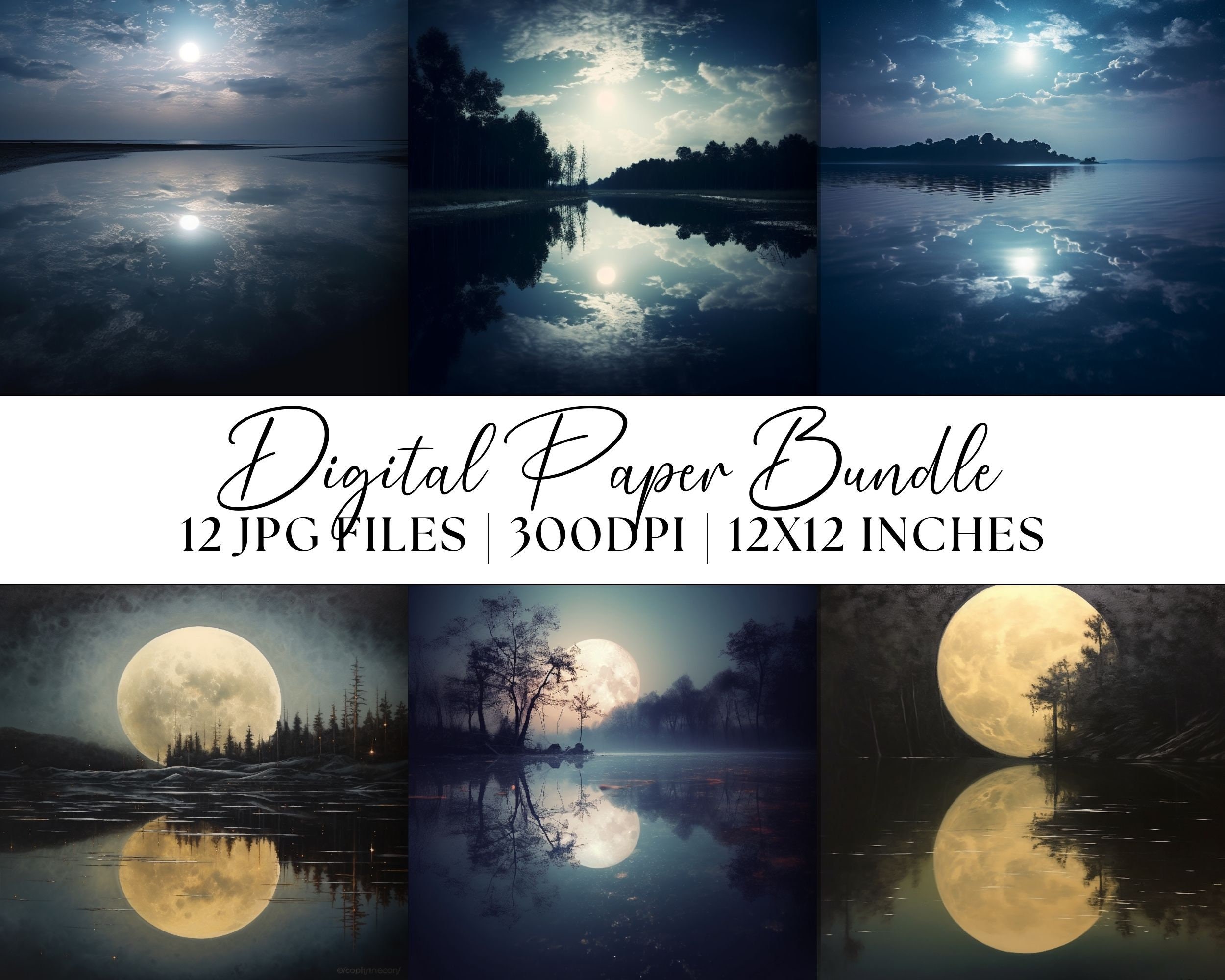 Reflections Digital Paper, 12x JPG Abstract Moon Moonlit Night Water ...