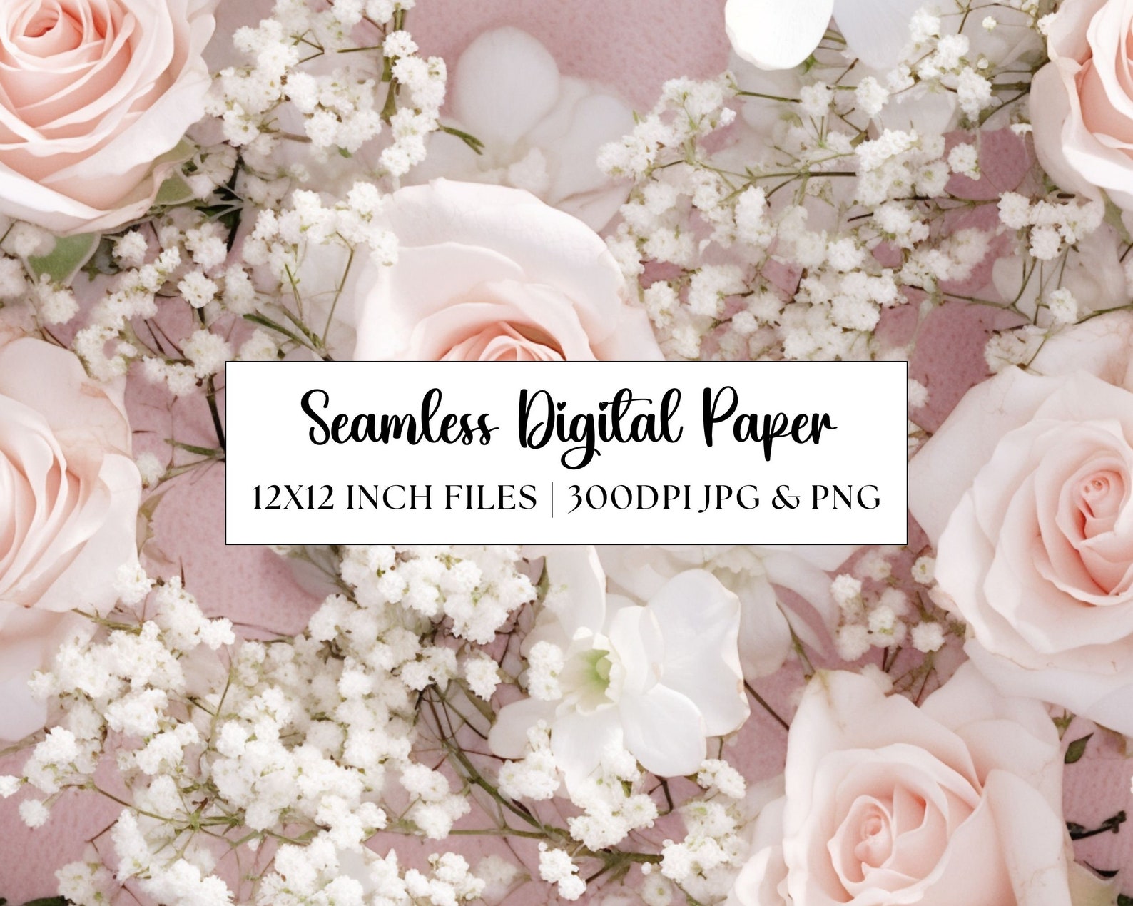 Pale Pink Roses Digital Paper, Gypsophila Seamless Pattern, Wedding ...
