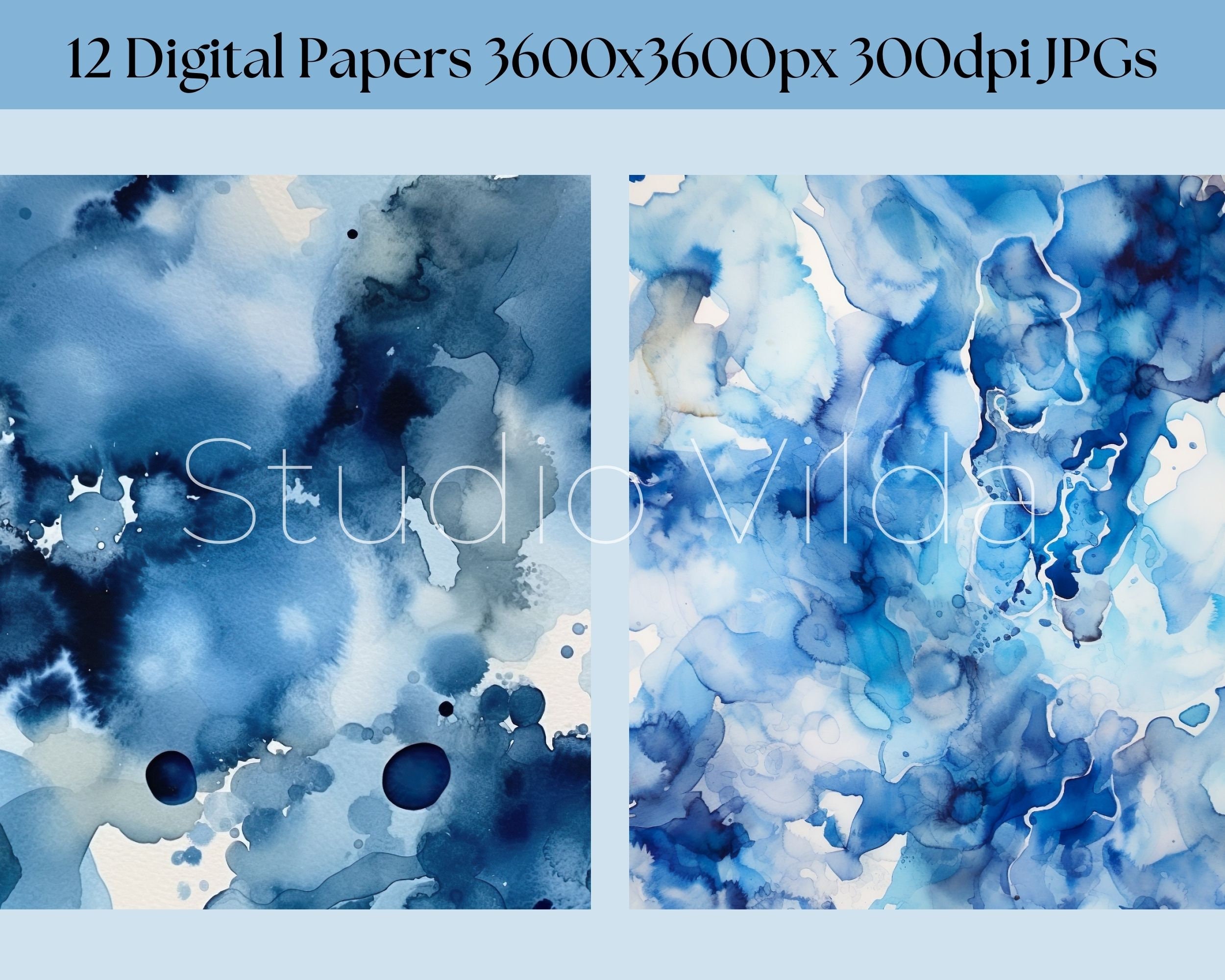 Blue Watercolour Splashes Digital Paper, 12x JPG Patterns Clipart ...