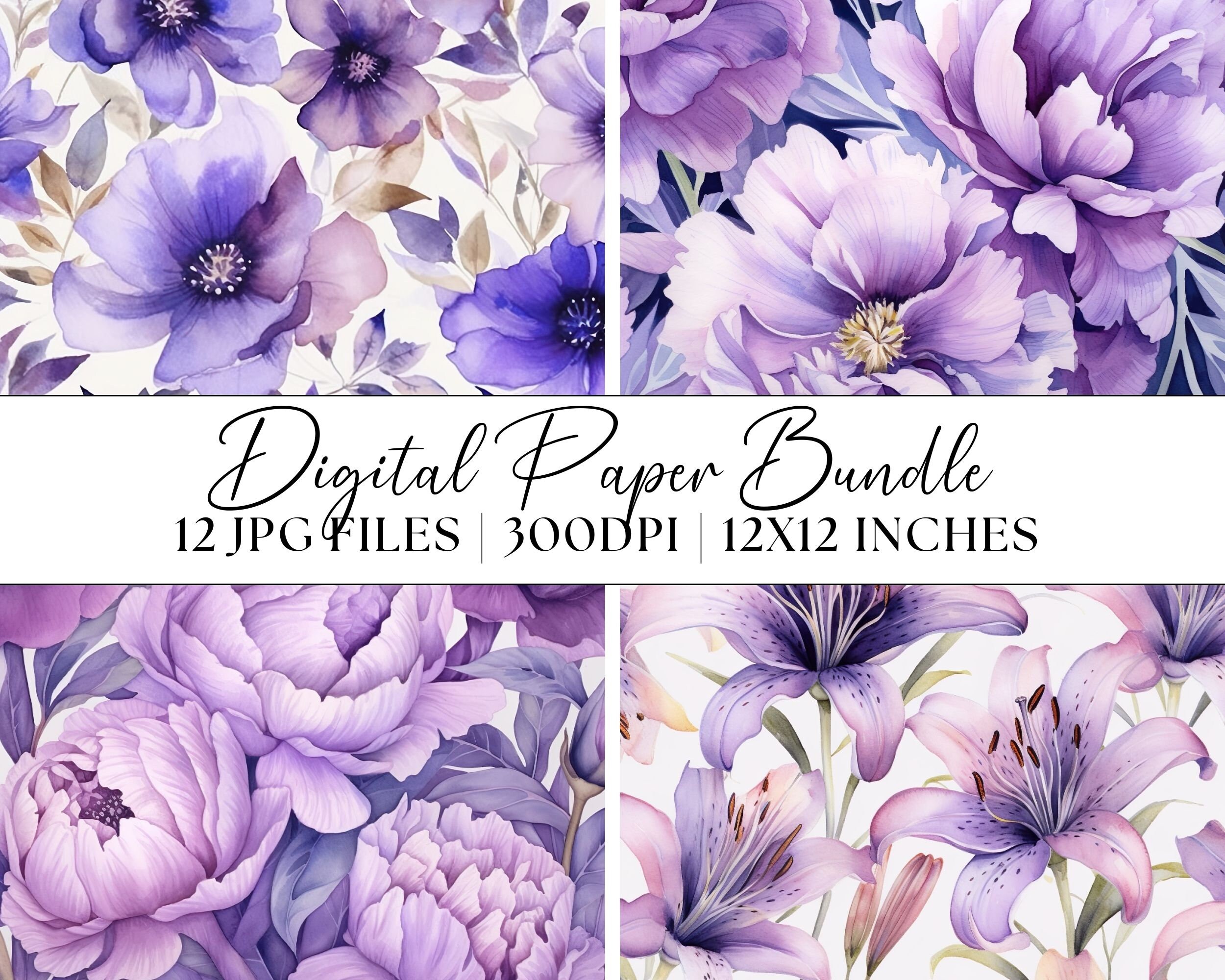 Purple Flowers Digital Paper 12x JPG Patterns Watercolour - Etsy