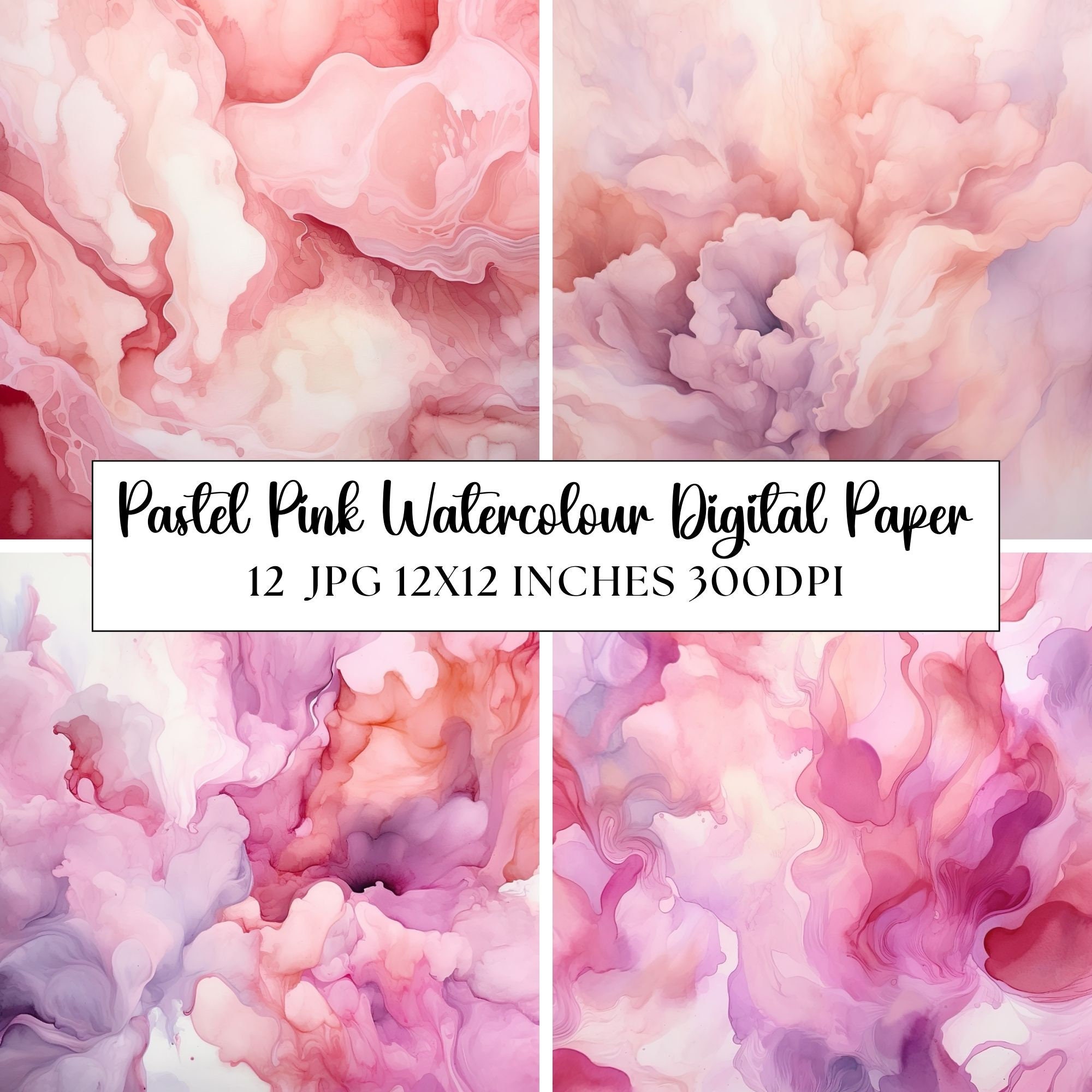 Pink Watercolor Digital Paper, 12x JPG Patterns Splashes Clipart ...