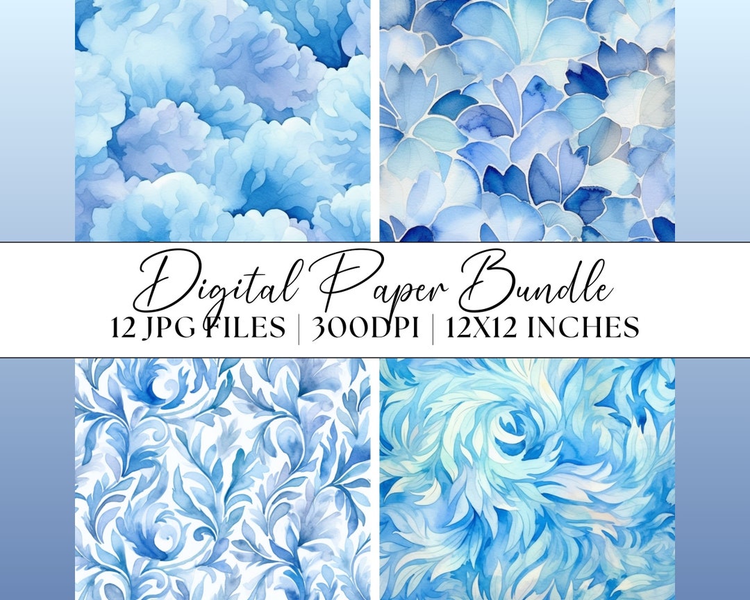 Blue Watercolour Digital Paper, 12x JPG Pastel Blue Patterns Clipart ...