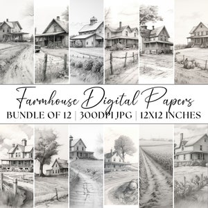 Farmhouse Digital Paper, 12x JPG Drawings Clipart Black and White ...