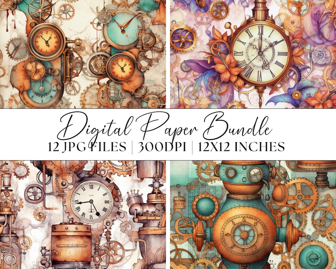 Steampunk Digital Paper, Cogs Gears and Clocks Patterns, 12x JPG ...