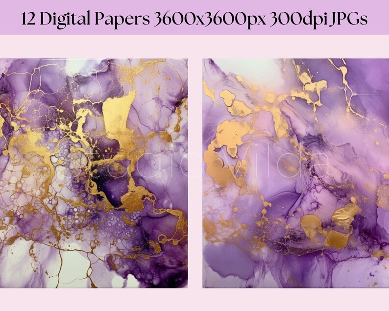 Purple and Gold Digital Paper, Alcohol Ink 12x JPG Marbled Washes ...