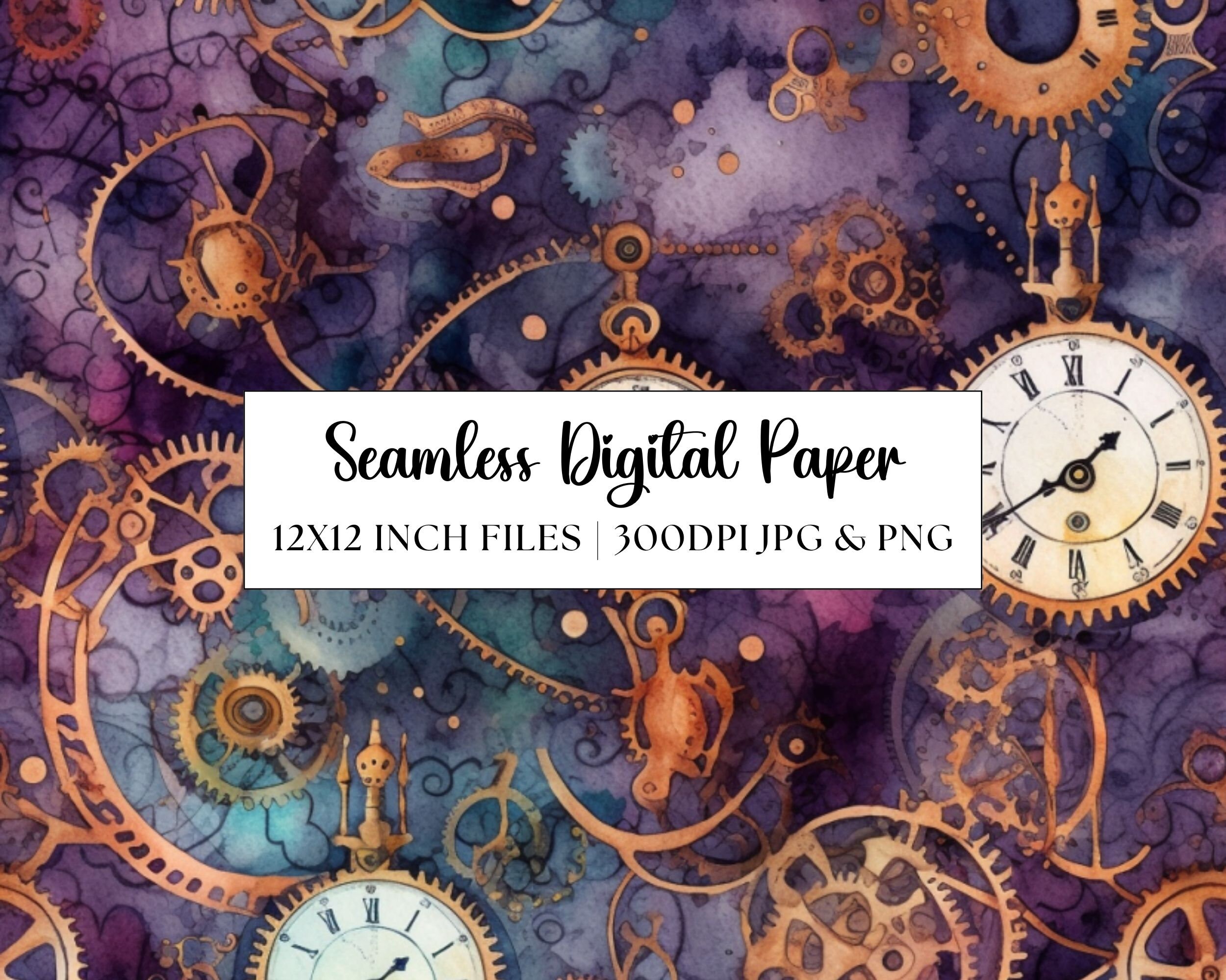 Steampunk Seamless Pattern, Dark Theme Cogs and Clocks Digital Paper ...