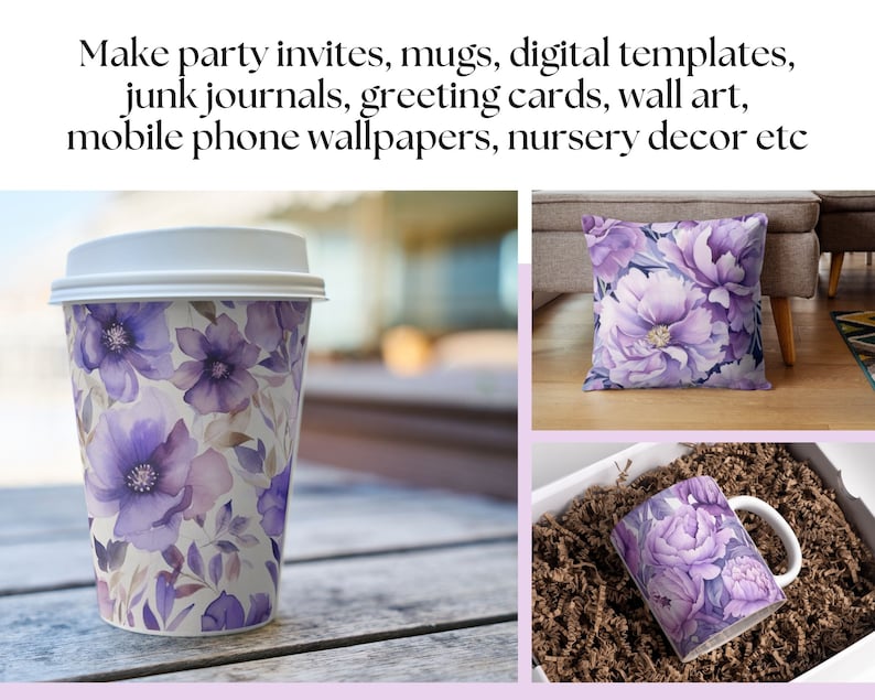 Purple Flowers Digital Paper, 12x JPG Patterns Watercolour Clipart ...