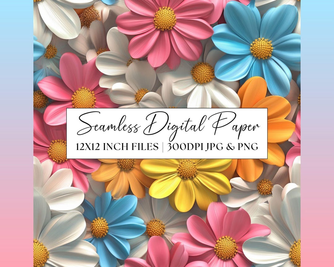Pastel Daisy Digital Paper, 3D Floral Seamless Pattern, Bright Flowers ...