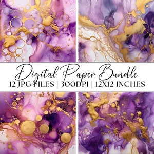 Purple and Gold Digital Paper, Alcohol Ink 12x JPG Marbled Washes ...