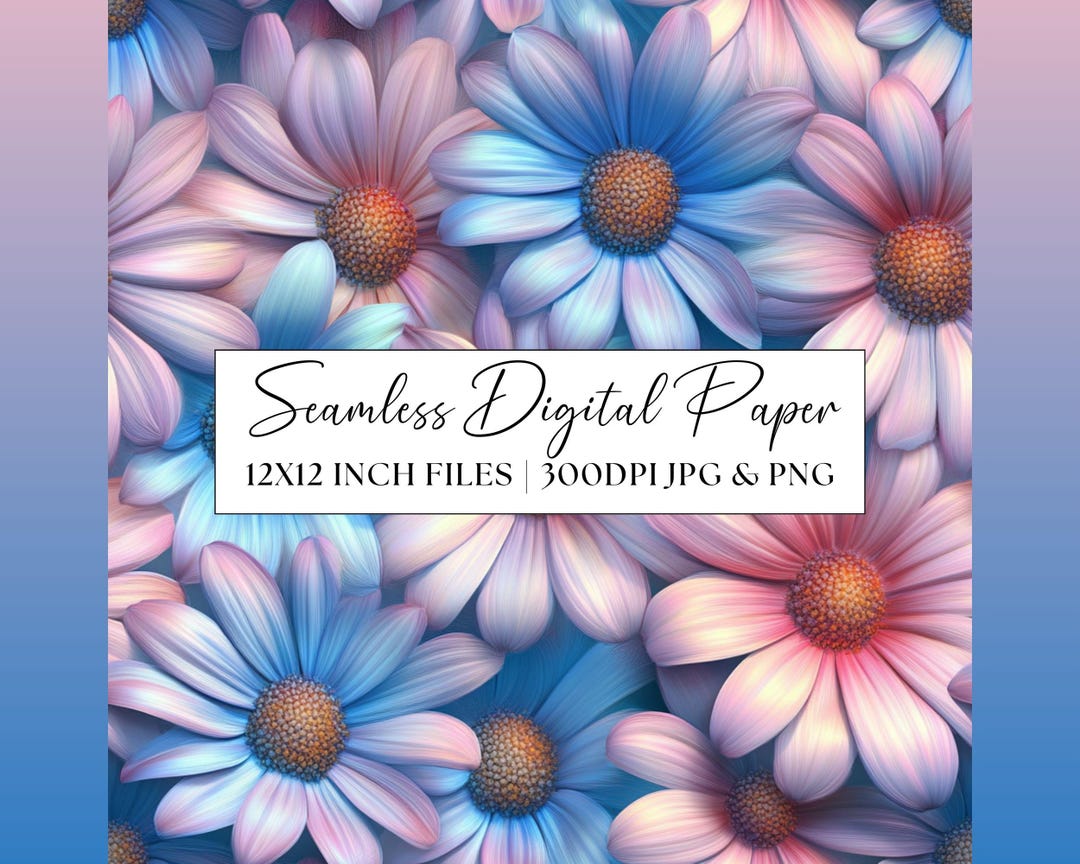 Daisy Digital Paper, Blue and Pink Daisies Seamless Pattern, Abstract ...