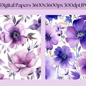 Purple Flowers Digital Paper, 12x JPG Patterns Watercolour Clipart ...