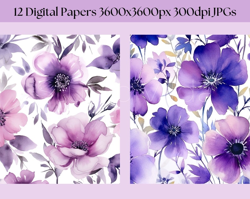 Purple Flowers Digital Paper 12x JPG Patterns Watercolour - Etsy