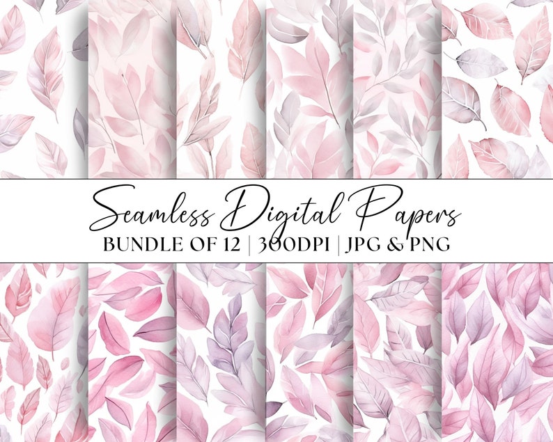 Seamless Digital Paper Bundle, 12 Pastel Pink Leaves Floral Patterns ...