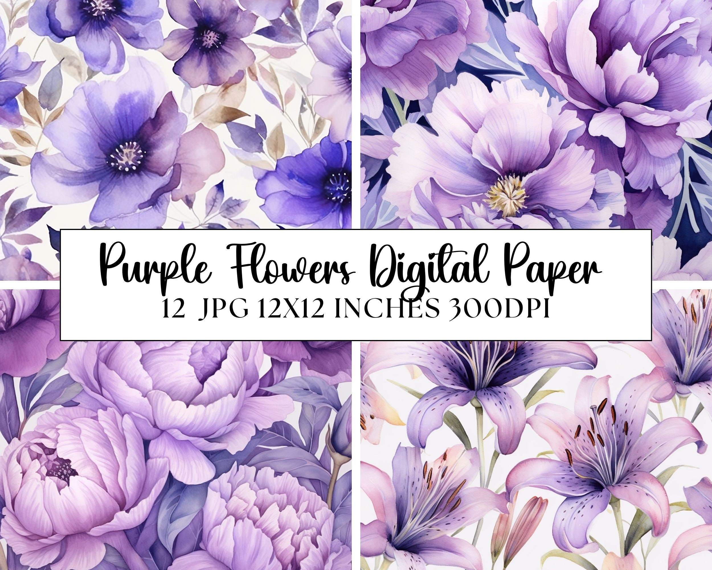 Purple Flowers Digital Paper 12x JPG Patterns Watercolour - Etsy