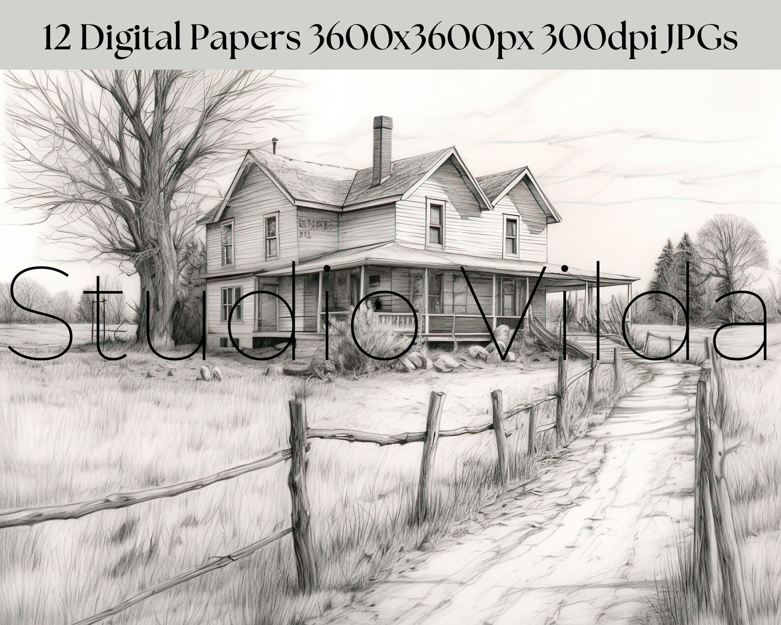 Farmhouse Digital Paper, 12x JPG Drawings Clipart Black and White ...