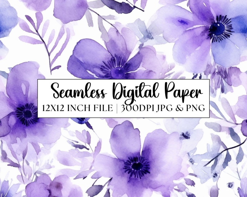 Purple Floral Digital Paper, Flower Seamless Pattern, Watercolour ...