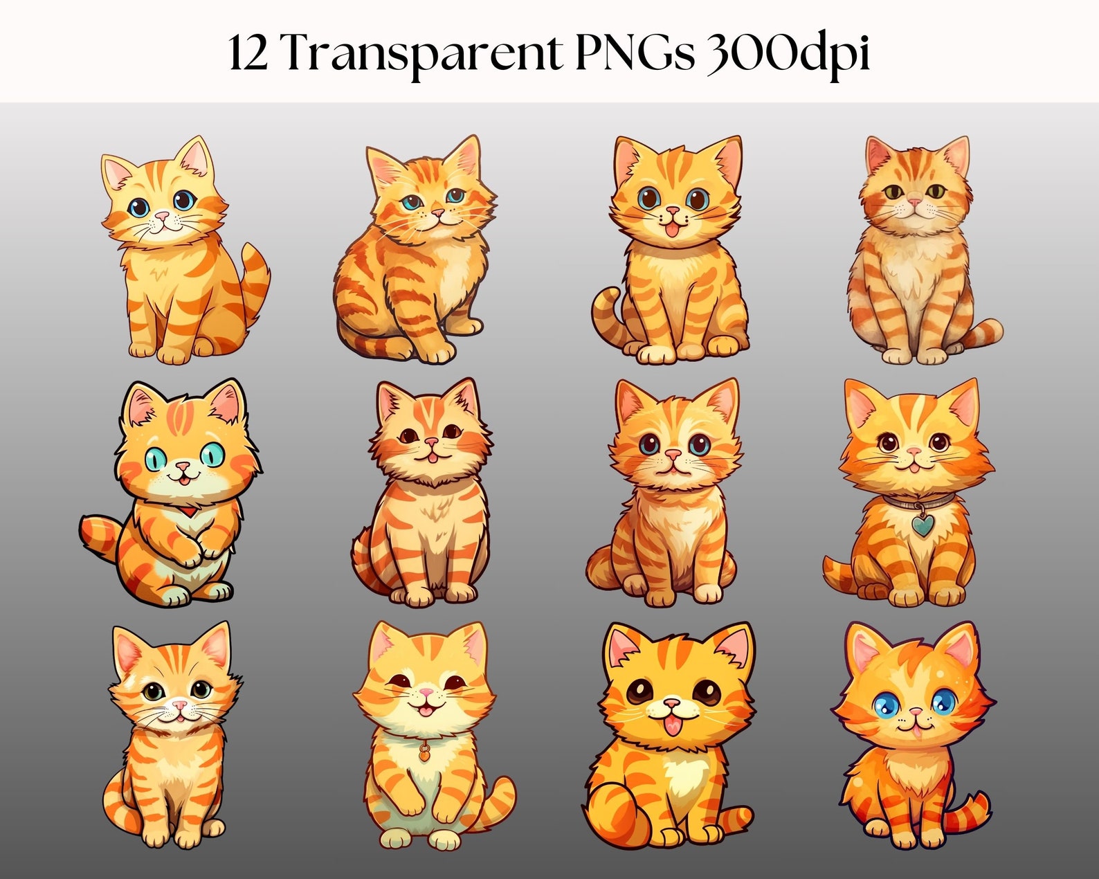 Ginger Cats Clipart, Cartoon Style Kittens Transparent 12x PNG Shapes ...