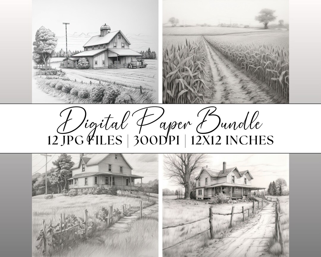Farmhouse Digital Paper, 12x JPG Drawings Clipart Black and White ...