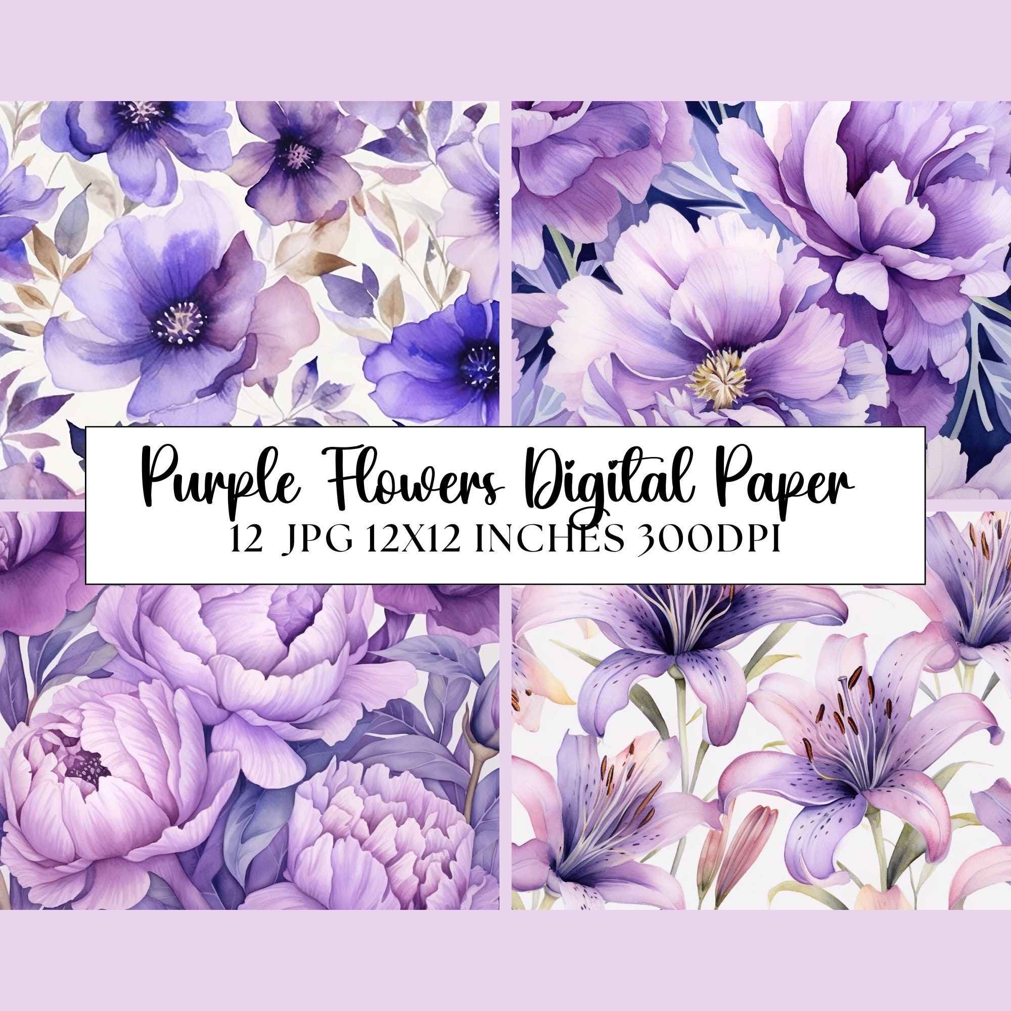 Purple Flowers Digital Paper 12x JPG Patterns Watercolour - Etsy