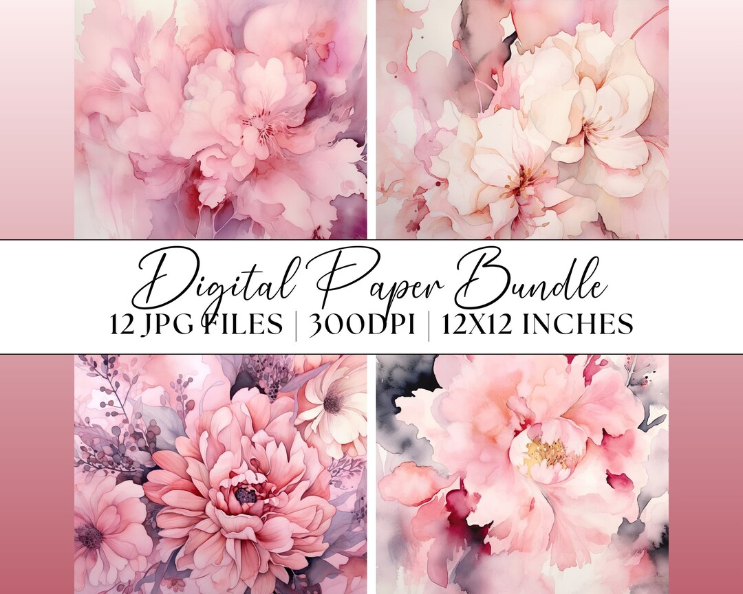 Watercolour Digital Paper Pink Floral, 12x JPG Pastel Patterns Clipart ...